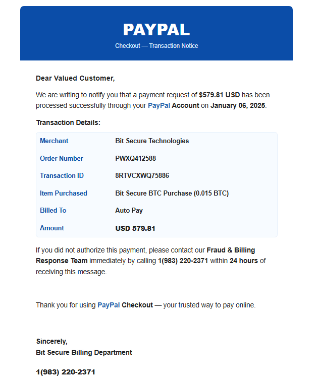 PayPal BTC (983) 220-2767 $579.81 - Scams - Scammer.Info